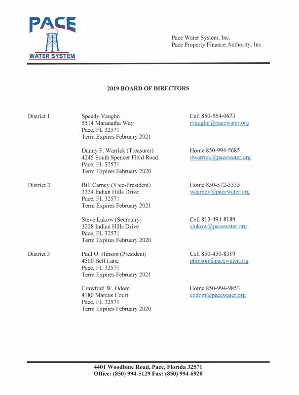 Board Members | Pace Water System, Inc.
